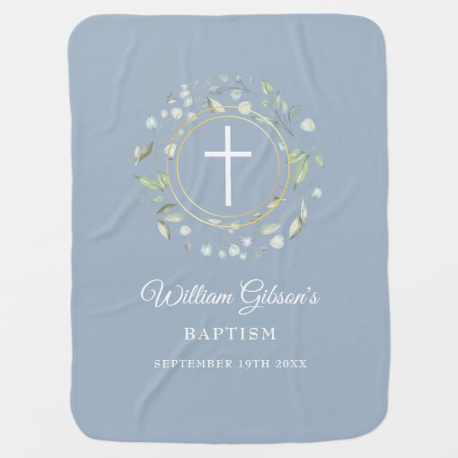 Baptism Christening Garland Floral Dusty Blue Baby Blanket | Zazzle