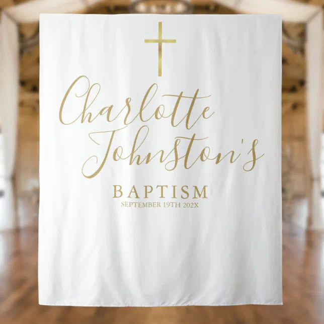 Baptism Christening Gold Script Photo Backdrop | Zazzle