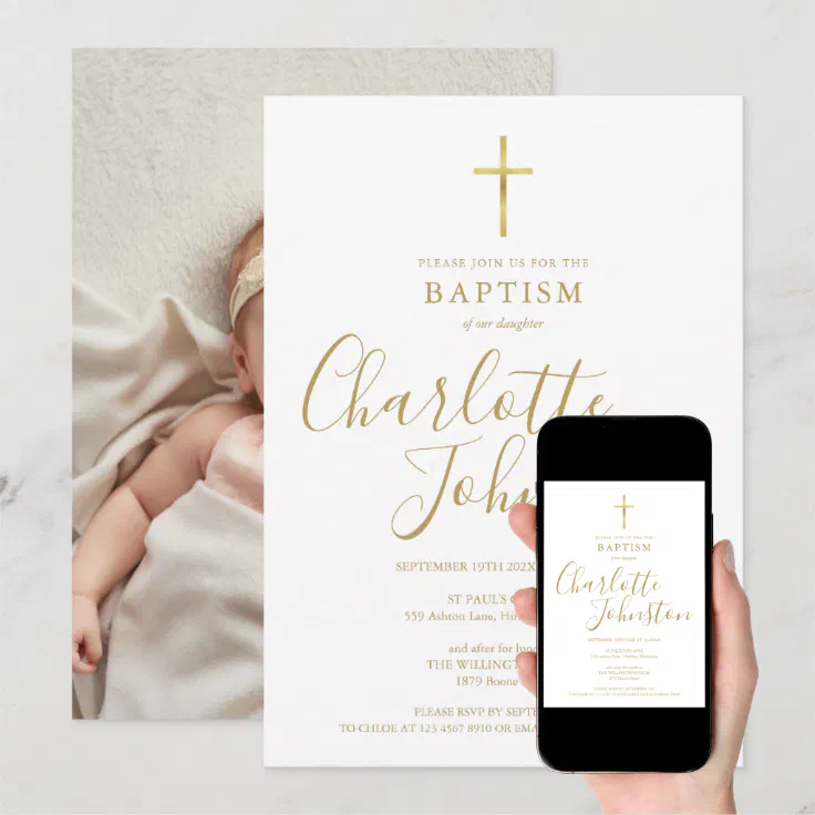 Baptism Christening Golden Signature Script Photo Invitation | Zazzle