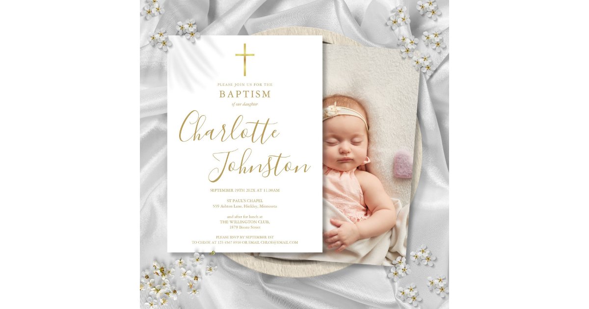 Baptism Christening Golden Signature Script Photo Invitation | Zazzle