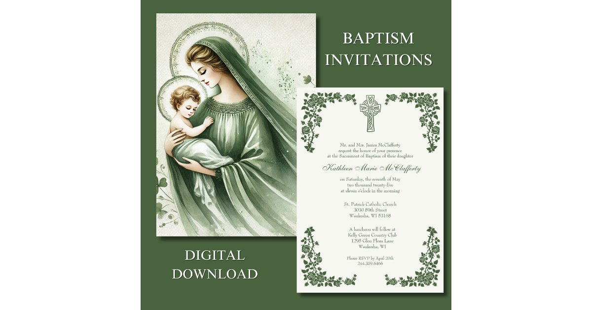 Baptism Christening Irish Green Celtic Cross Invitation | Zazzle