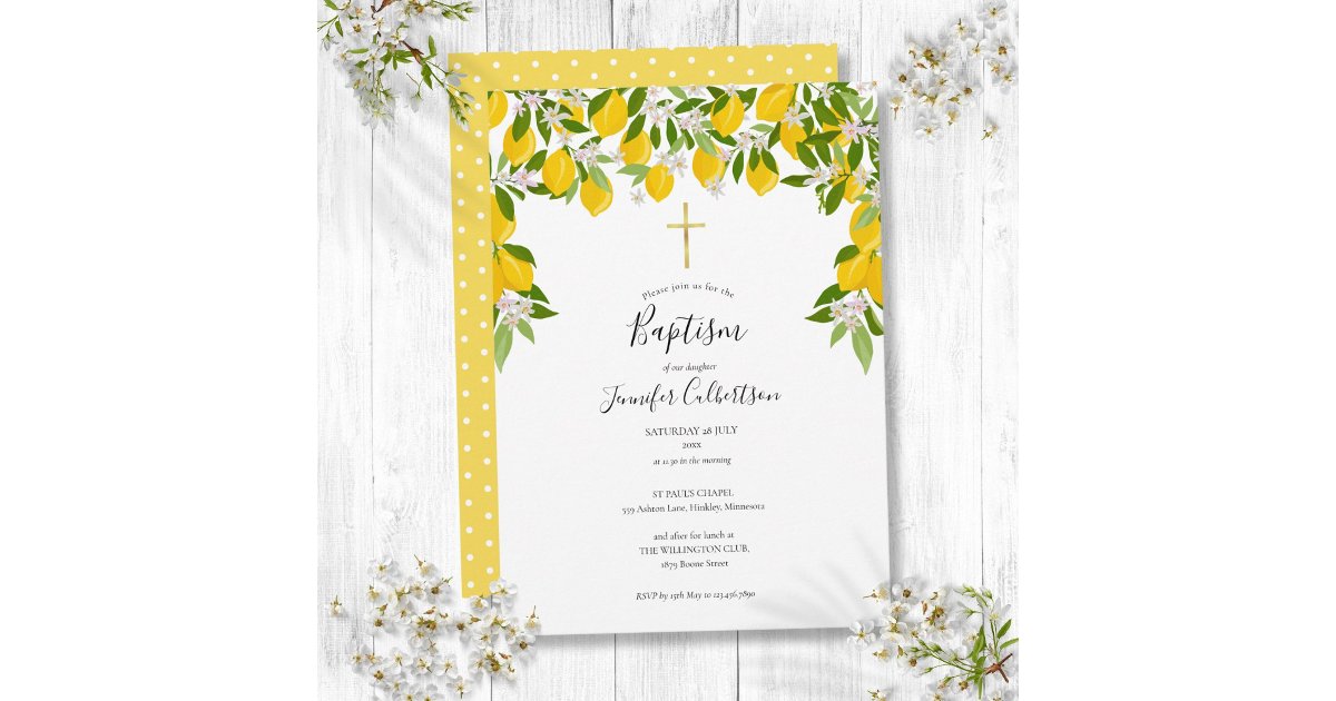 Baptism Christening Lemons Floral Elegant Modern Invitation | Zazzle