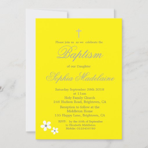 Baptism Christening Yellow Daisy Silver Girl Invitation | Zazzle