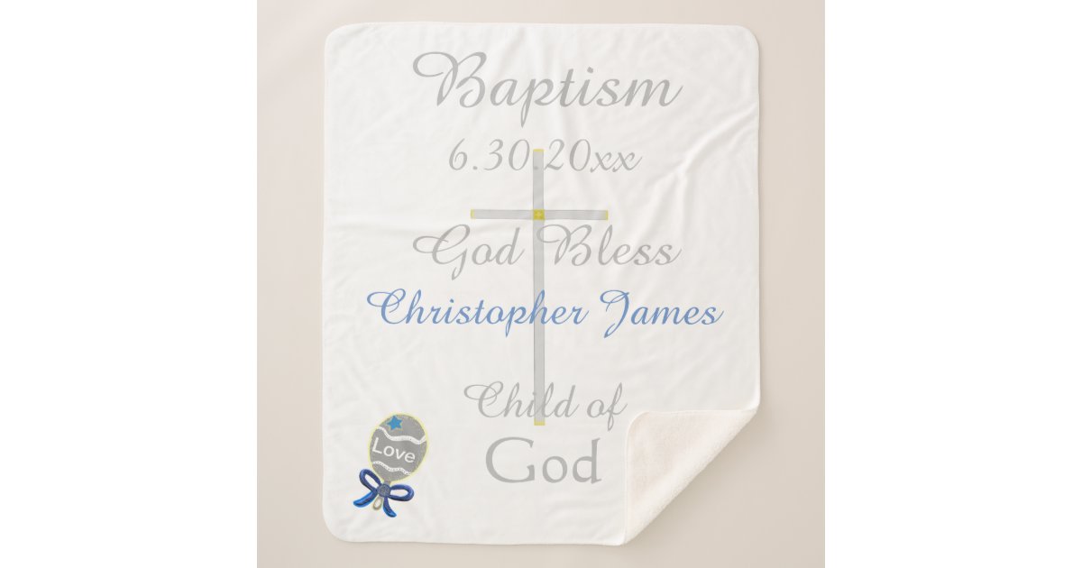 Baptism Cross Boy Blue Star Rattle Medium Sherpa Blanket | Zazzle