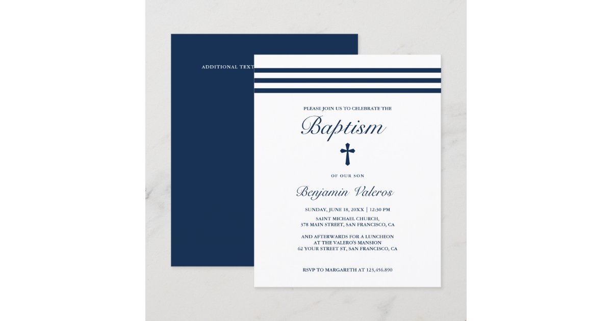 BAPTISM Elegant Striped navy Blue Cross Budget | Zazzle