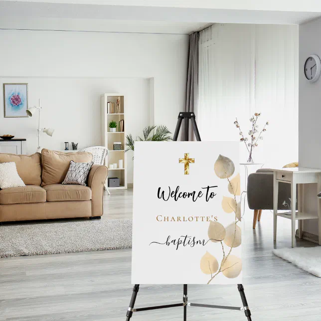 Baptism eucalyptus golden welcome foam board | Zazzle
