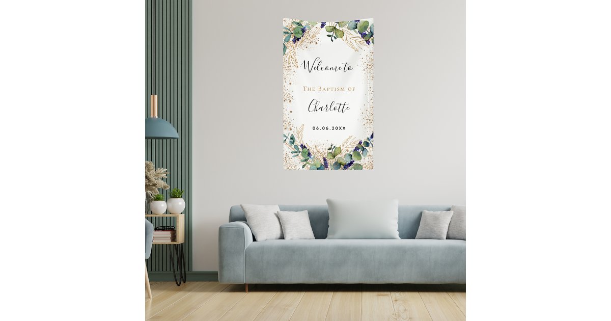 Baptism eucalyptus greenery elegant welcome banner | Zazzle