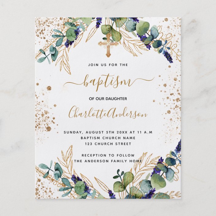 Baptism eucalyptus greenery gold budget invitation flyer | Zazzle.com
