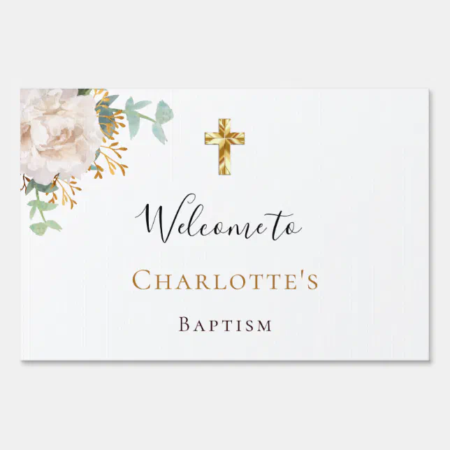 Baptism eucalyptus white floral gold cross welcome sign | Zazzle