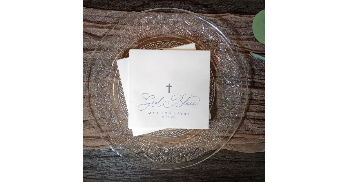 Baptism First Communion Dusty Blue God Bless Cross Napkins | Zazzle