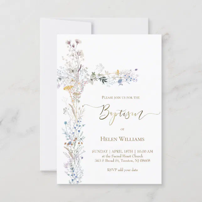 Baptism floral cross invitation | Zazzle