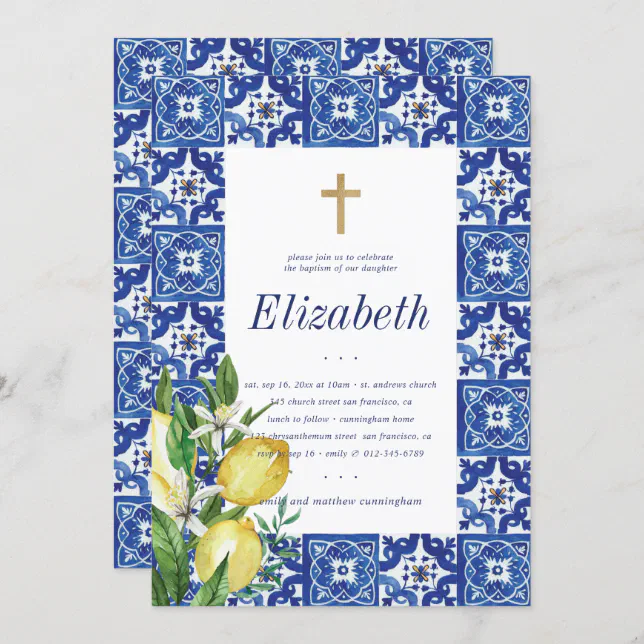 Baptism For Her Lemon Foliage Mediterranean Tiles Invitation | Zazzle