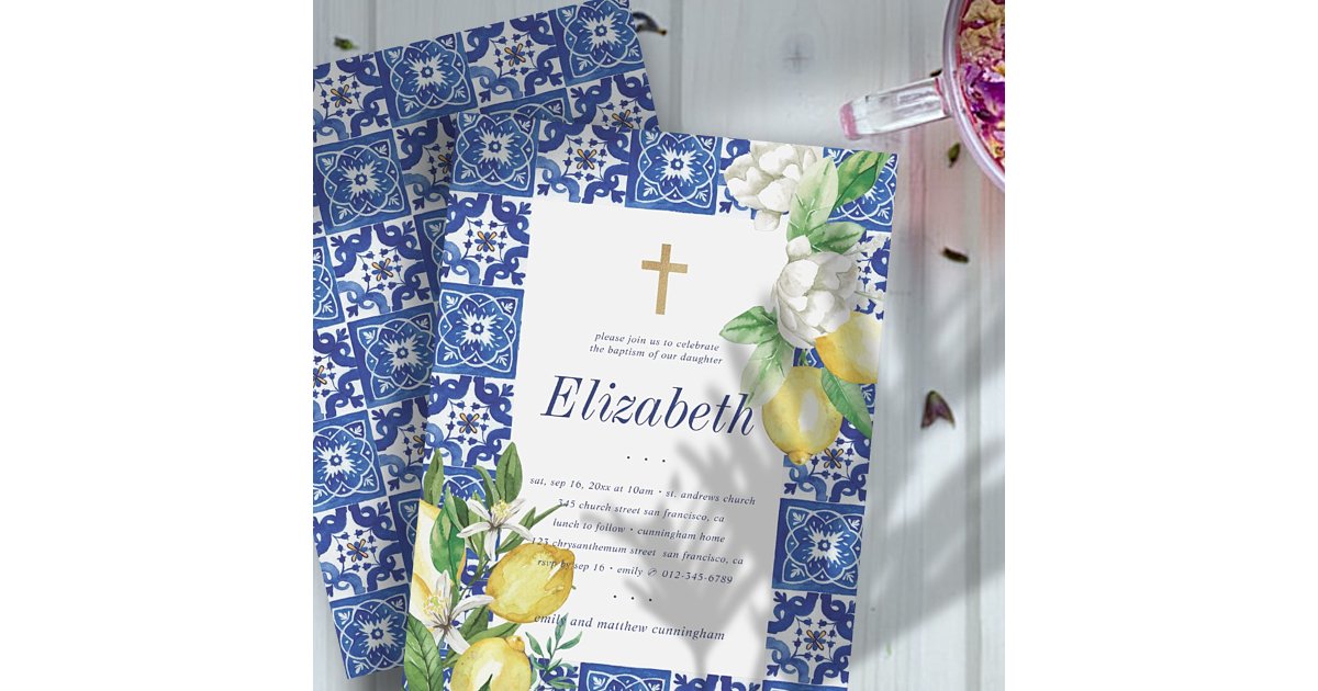 Baptism For Her Lemon Foliage Mediterranean Tiles Invitation | Zazzle