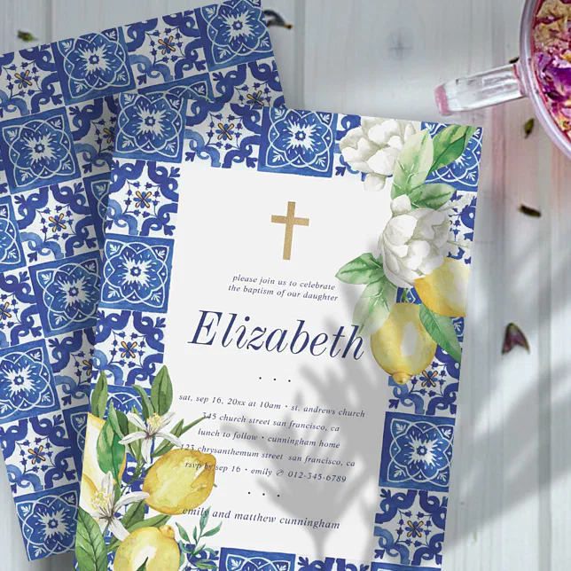 Baptism For Her Lemon Foliage Mediterranean Tiles Invitation | Zazzle