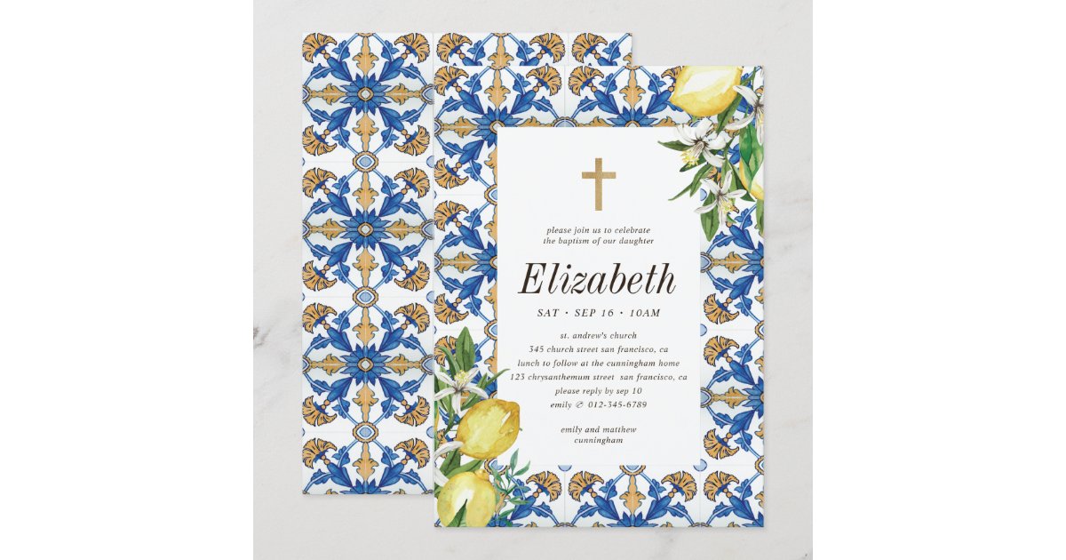 Baptism For Her Vintage Lemon Mediterranean Tiles Invitation | Zazzle