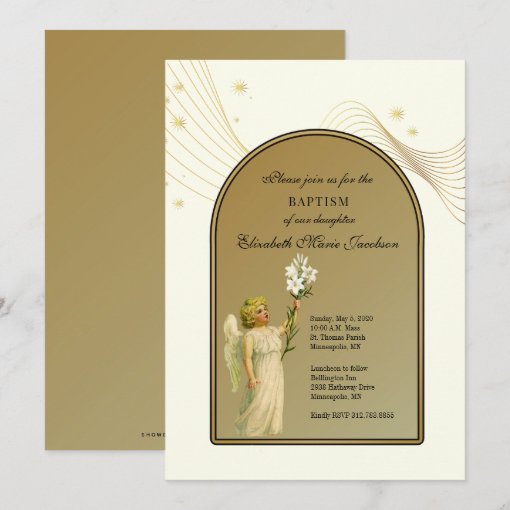 Baptism Girl or Boy Gold Angel Invitation | Zazzle