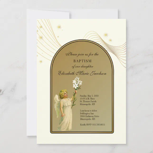 Baptism Girl or Boy Gold Angel Invitation | Zazzle