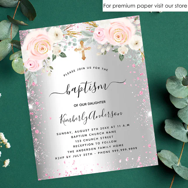 Baptism girl silver pink floral glitter invitation | Zazzle
