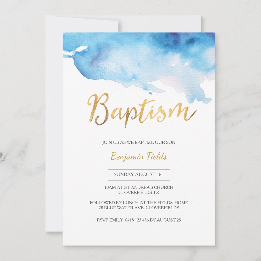 Baptism invitation | blue watercolour and gold | Zazzle
