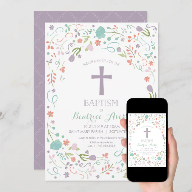 Baptism Invitation - Customize, Flowers, Cross | Zazzle