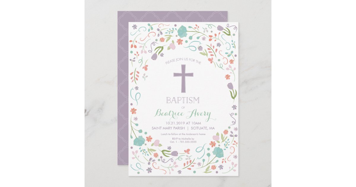 Baptism Invitation - Customize, Flowers, Cross | Zazzle