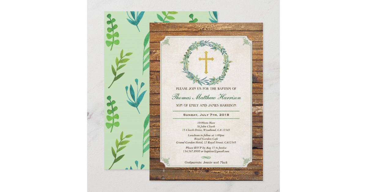 Baptism invitation. Green wreath rustic wood Invitation | Zazzle