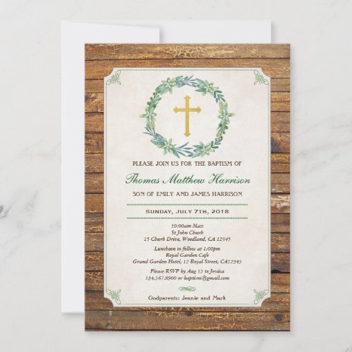 Baptism invitation. Green wreath rustic wood Invitation | Zazzle