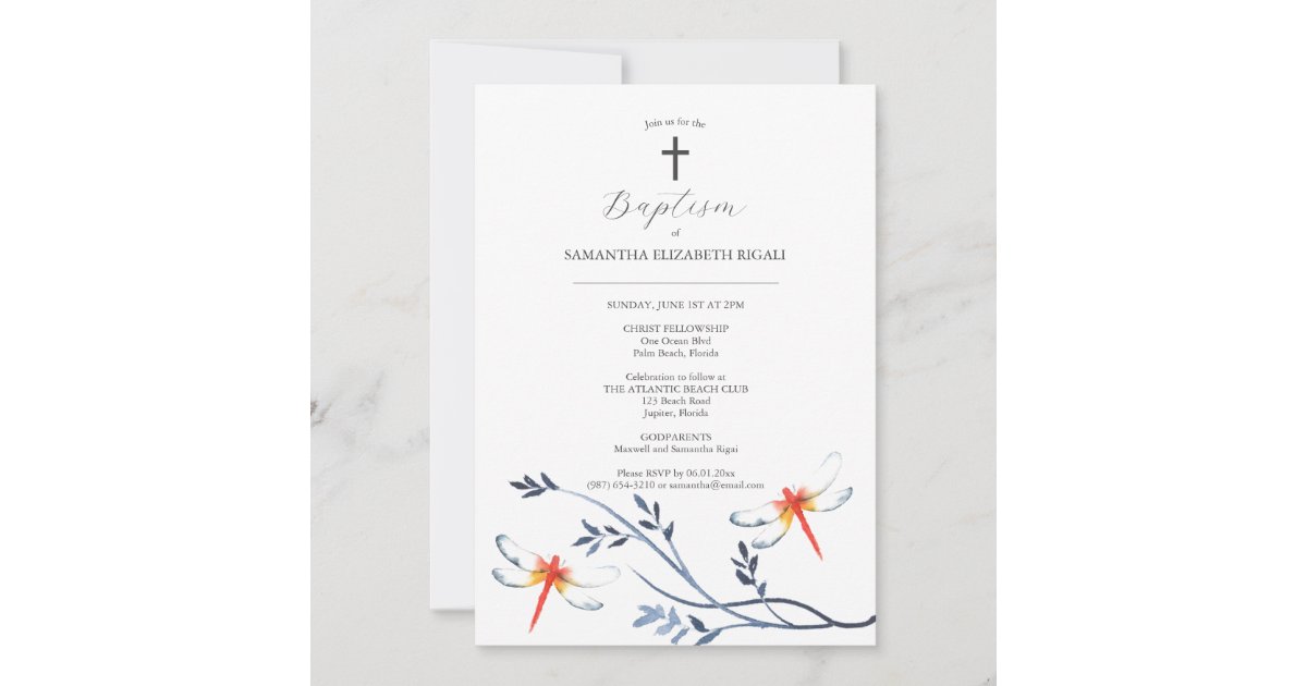 Baptism Invitations Godparents Name Red Dragonfly | Zazzle