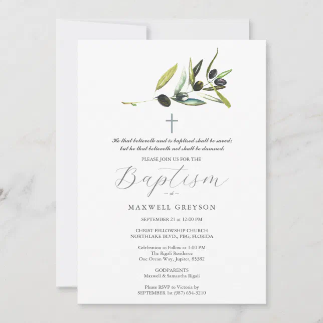 Baptism Invitations Religious Olive Branch | Zazzle