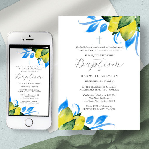Baptism Lemon Foliage Religious Italian Blue Invitation | Zazzle