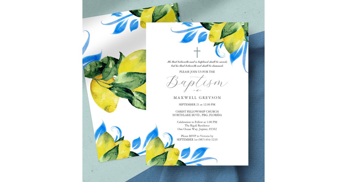 Baptism Lemon Foliage Religious Italian Blue Invitation | Zazzle