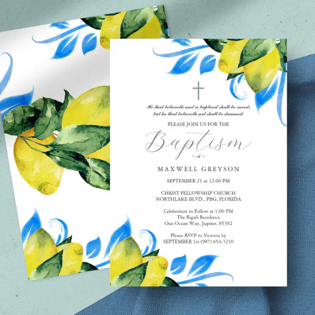 Baptism Lemon Foliage Religious Italian Blue Invitation | Zazzle