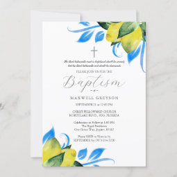 Baptism Lemon Foliage Religious Italian Blue Invitation | Zazzle