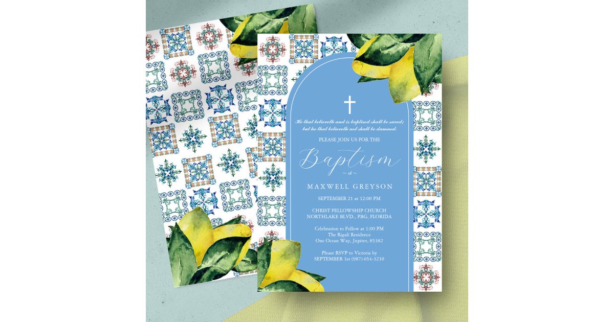 Baptism Lemon Religious Italian Blue Tile Invitation | Zazzle