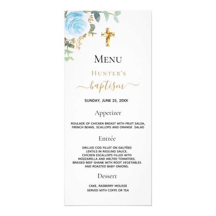 Baptism Menu light blue boy floral | Zazzle