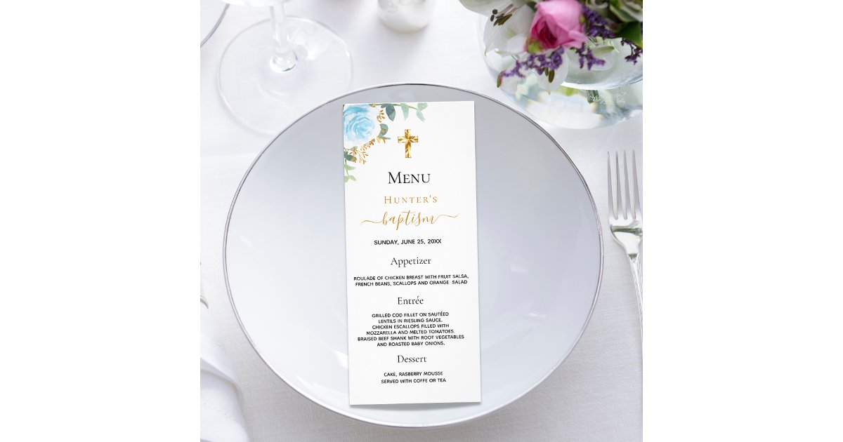 Baptism Menu light blue boy floral | Zazzle