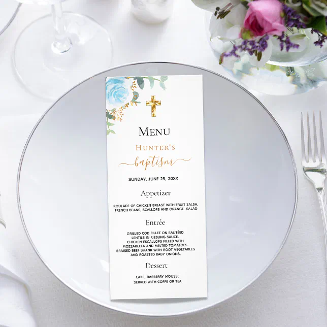 Baptism Menu light blue boy floral | Zazzle
