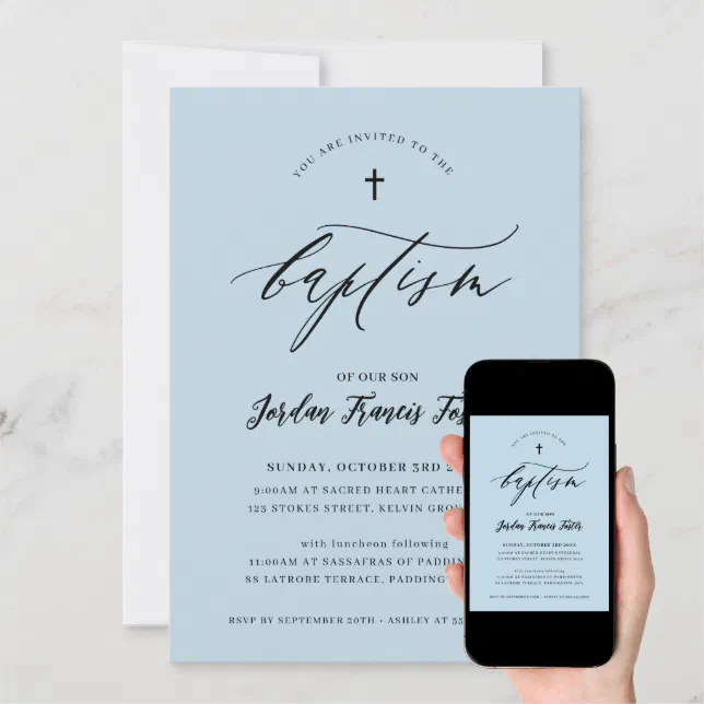 BAPTISM minimal calligraphy elegant pale baby blue Invitation | Zazzle