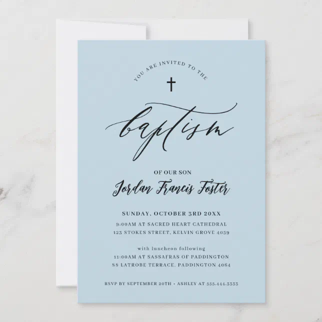 BAPTISM minimal calligraphy elegant pale baby blue Invitation | Zazzle