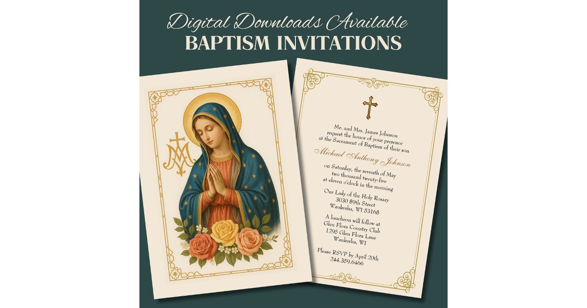 Baptism Mother Mary Roses Marian Cross Invitation | Zazzle