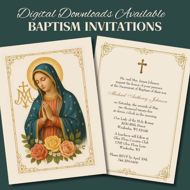 Baptism Mother Mary Roses Marian Cross Invitation | Zazzle