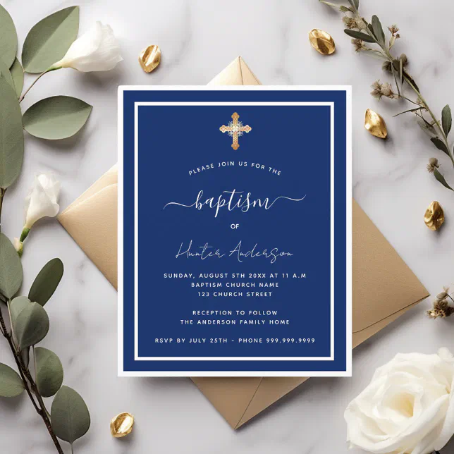 Baptism navy blue white adult invitation | Zazzle