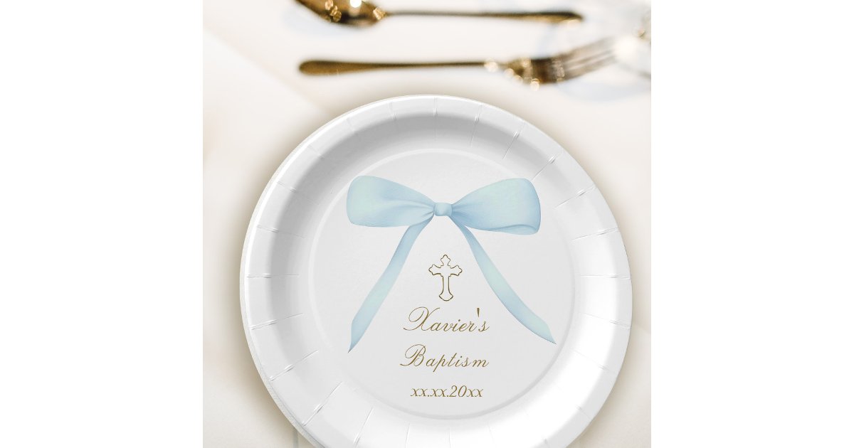 Baptism pastel blue bow paper plates | Zazzle