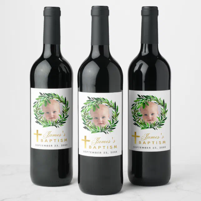 Baptism Photo Botanical Greenery Wreath Faux Gold Wine Label | Zazzle