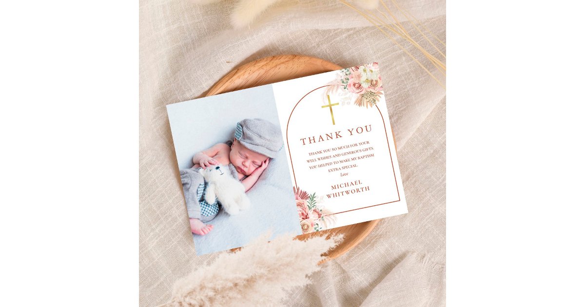 Baptism Photo Pampas Grass Arch Thank You Card | Zazzle