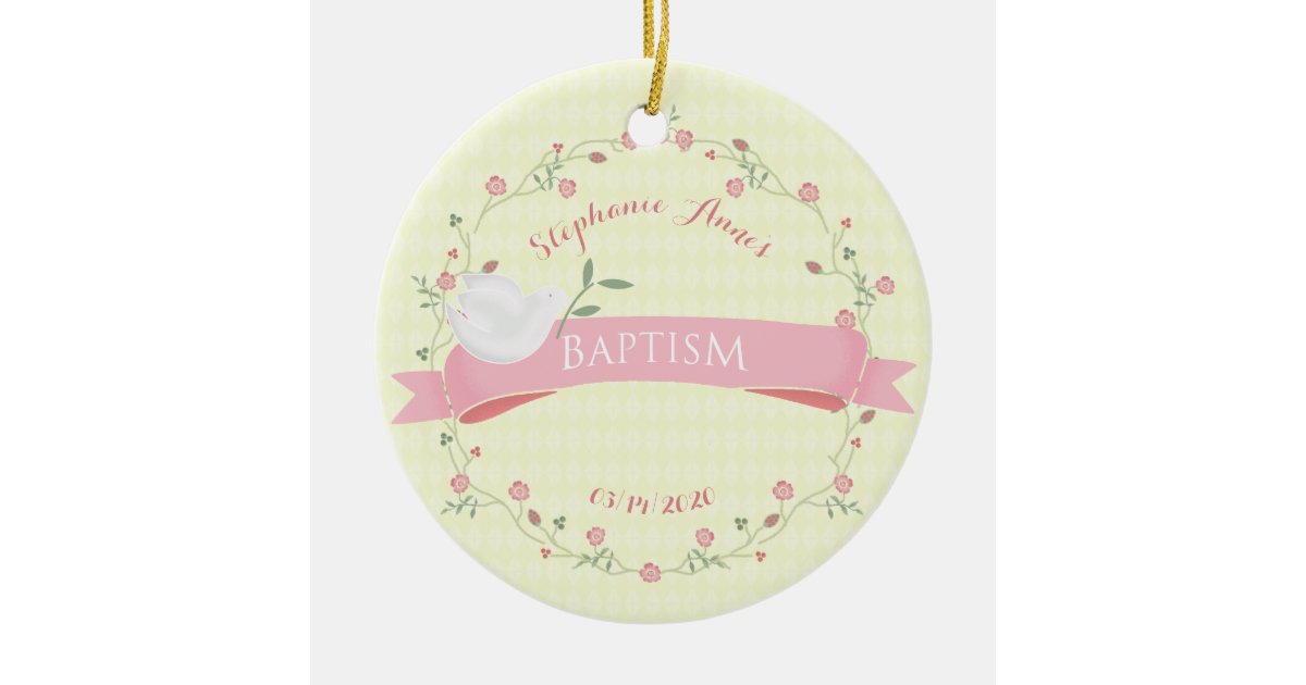 Baptism Pink Floral Wreath Ceramic Ornament | Zazzle