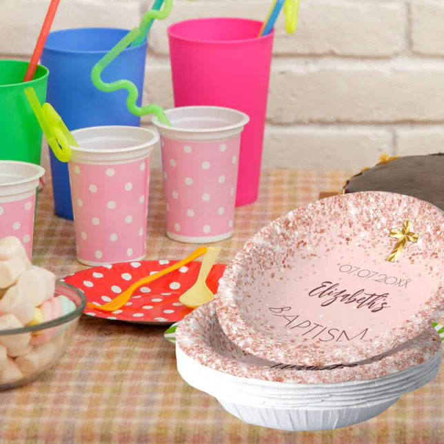 Baptism rose gold confetti girl name paper bowls | Zazzle