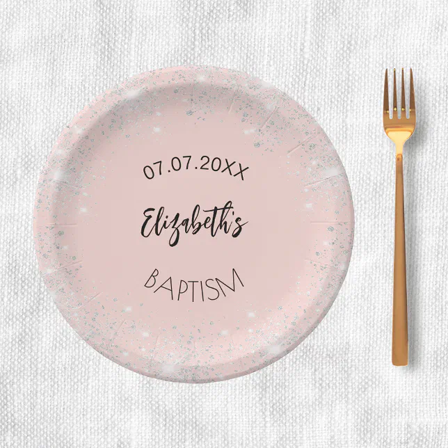 Baptism rose gold silver glitter girl name paper plates | Zazzle