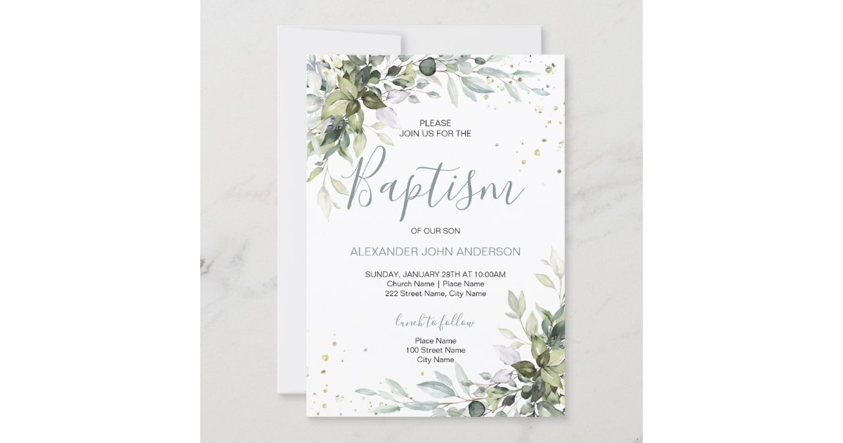 Baptism Rustic Greenery Leafy Foliage Invitation | Zazzle