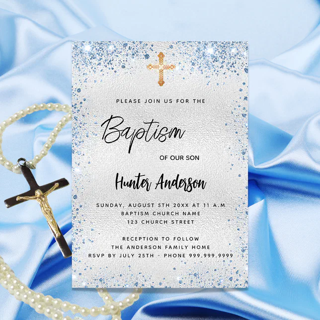 Baptism silver blue boy gold cross sparkles script invitation | Zazzle